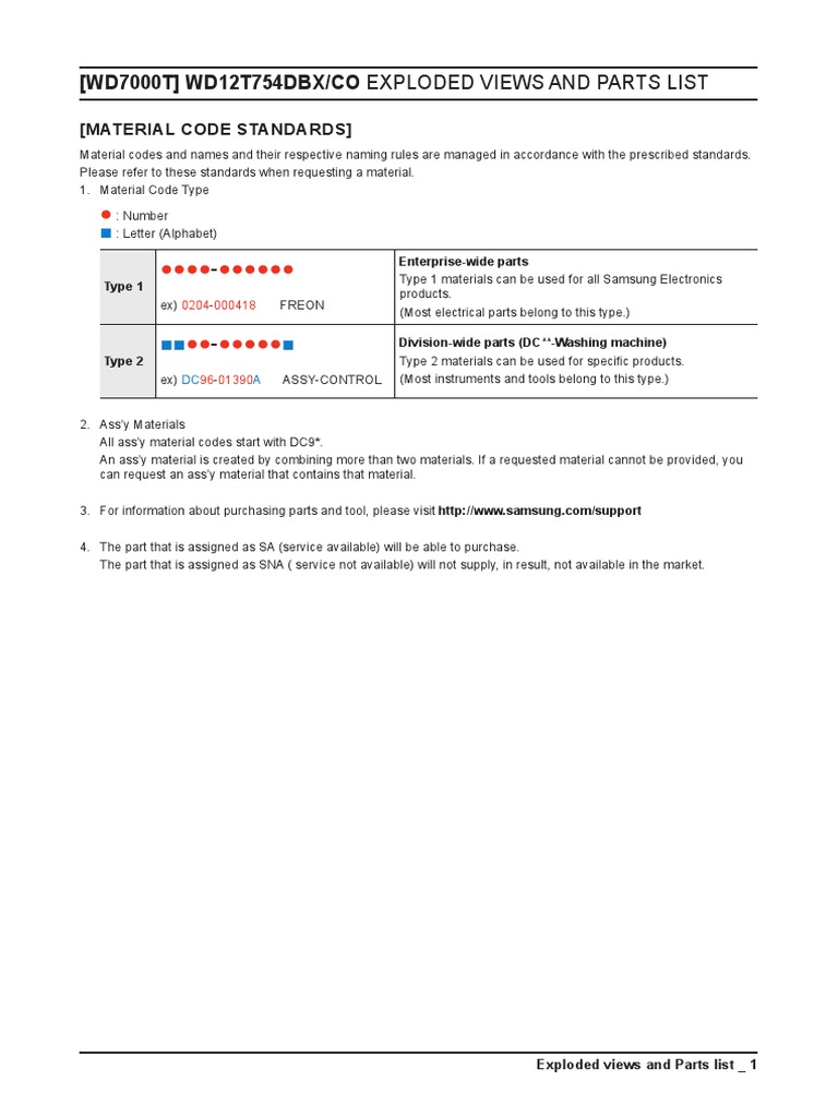 Exploded Views and Parts List for WD12T754DBX/CO Washing Machine | PDF ...