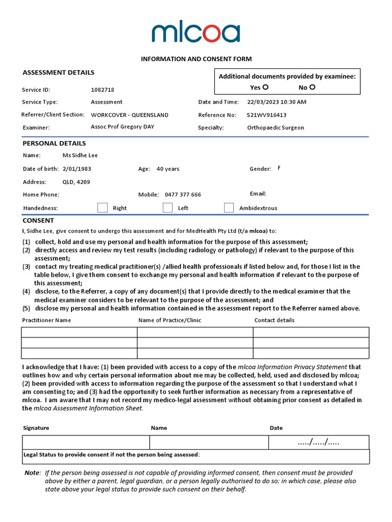 Orthopaedic Assessment Consent Form | PDF | Informed Consent | Health ...
