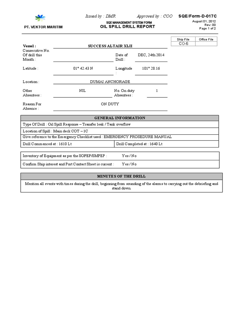 4.D-017C Oil Spill Drill Report rev 0 | PDF | Oil Spill