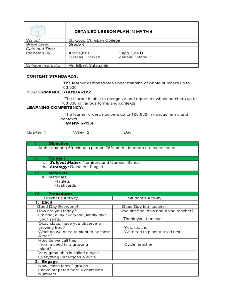Detailed Lesson Plan in Math 4 | PDF | Lesson Plan | Teachers