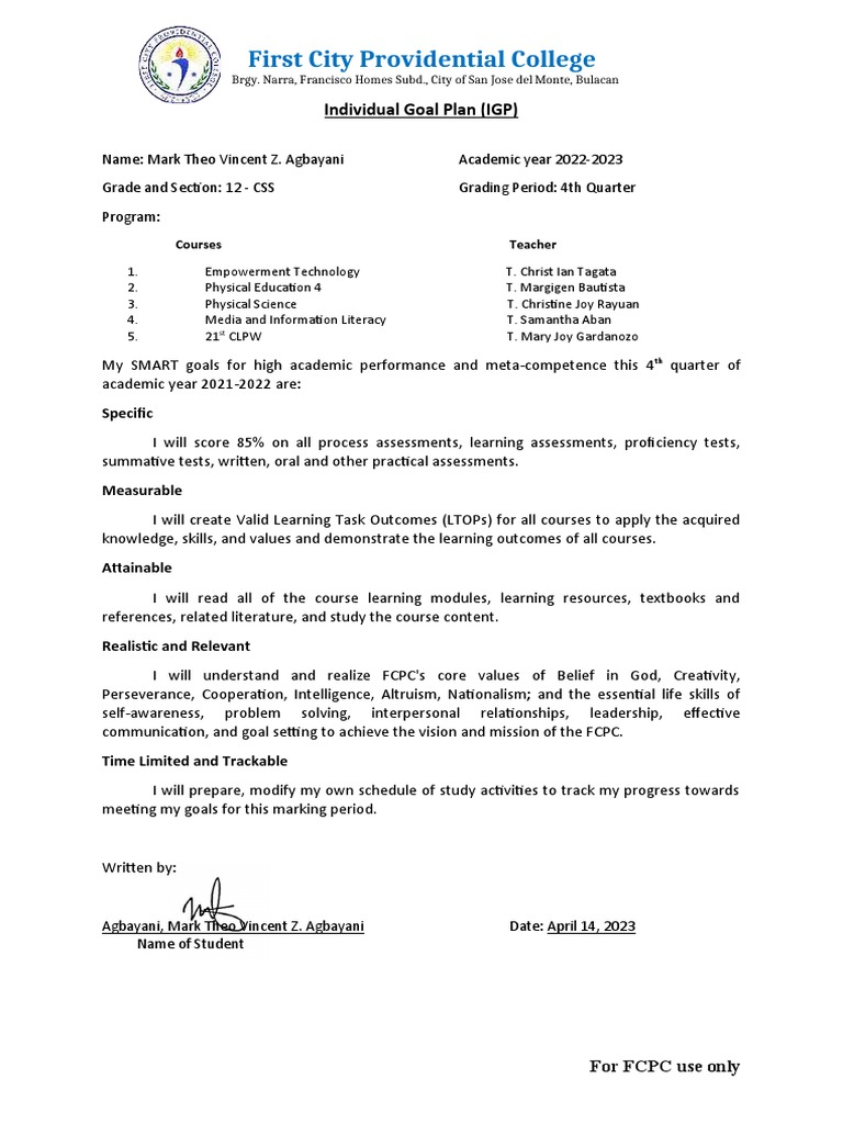 Individual Goal Plan | PDF