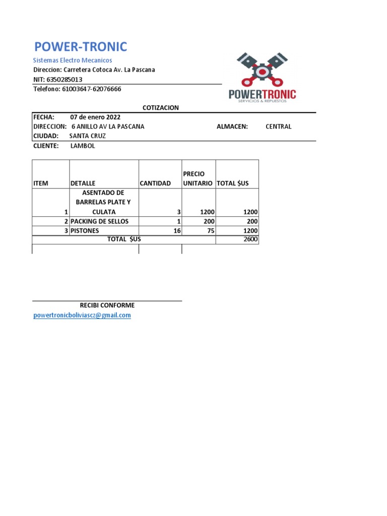 Cotización para LAMBOL - Power-Tronic | PDF