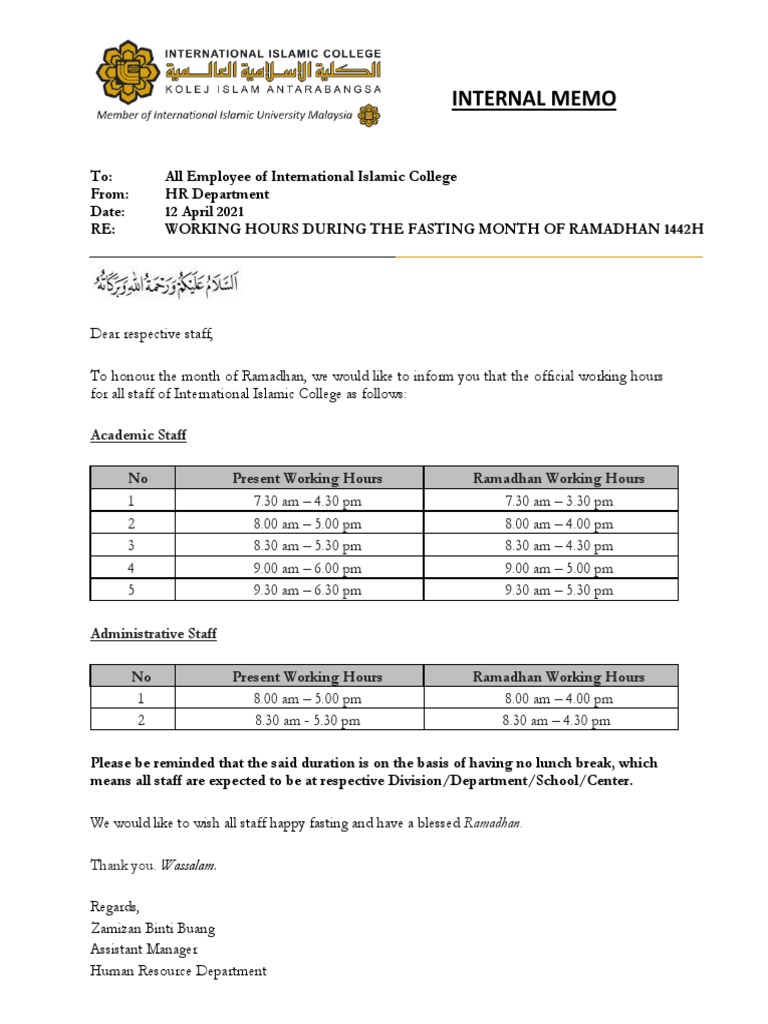 Working Hour Ramadhan | PDF