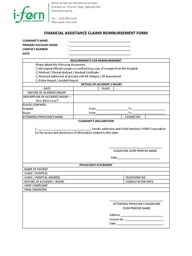Financial Assistance Claims Reimbursement Form 1 | PDF | Hospital ...