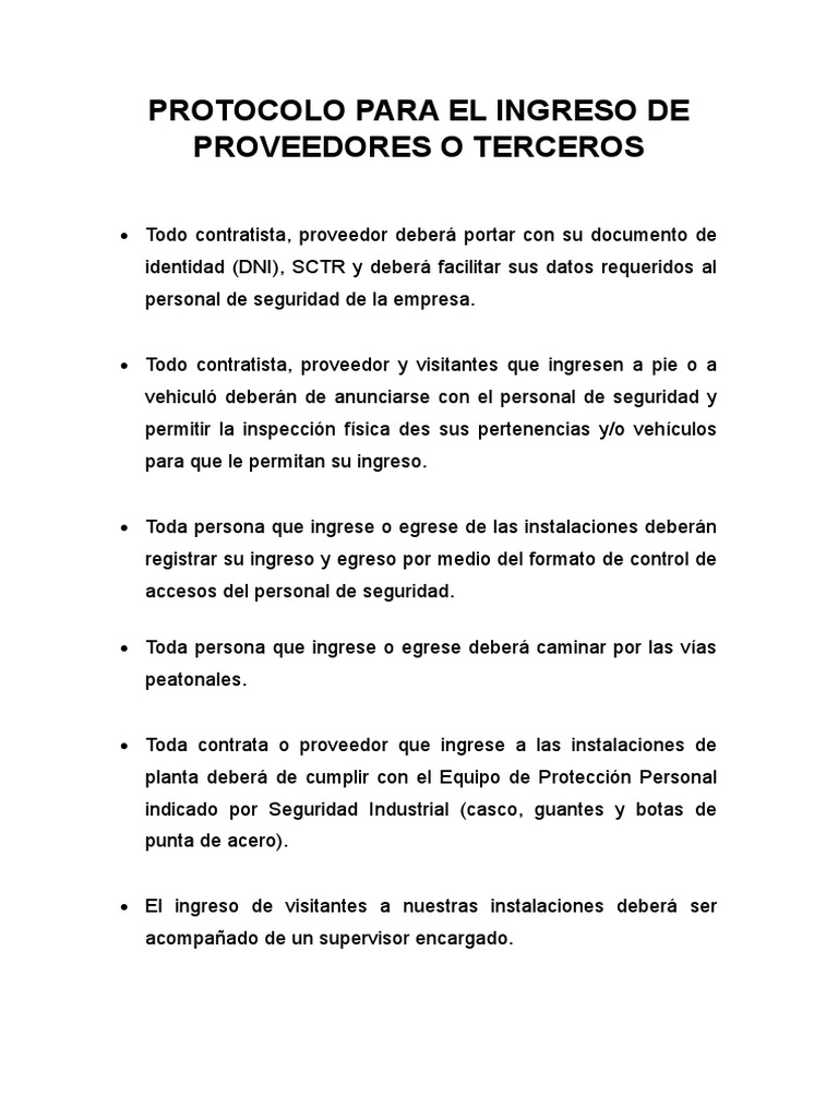 Protocolo para El Ingreso de Proveedores o Terceros Actualizado | PDF