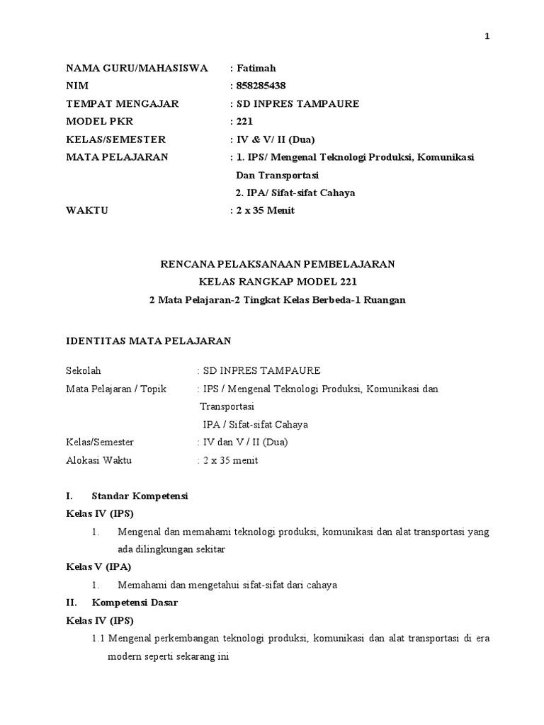 Contoh RPP Kelas 4 Dan 5 | PDF