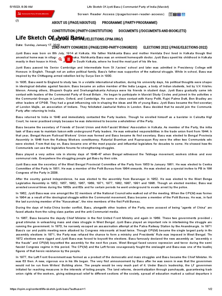 Life Sketch of Jyoti Basu - Communist Party of India (Marxist) | PDF