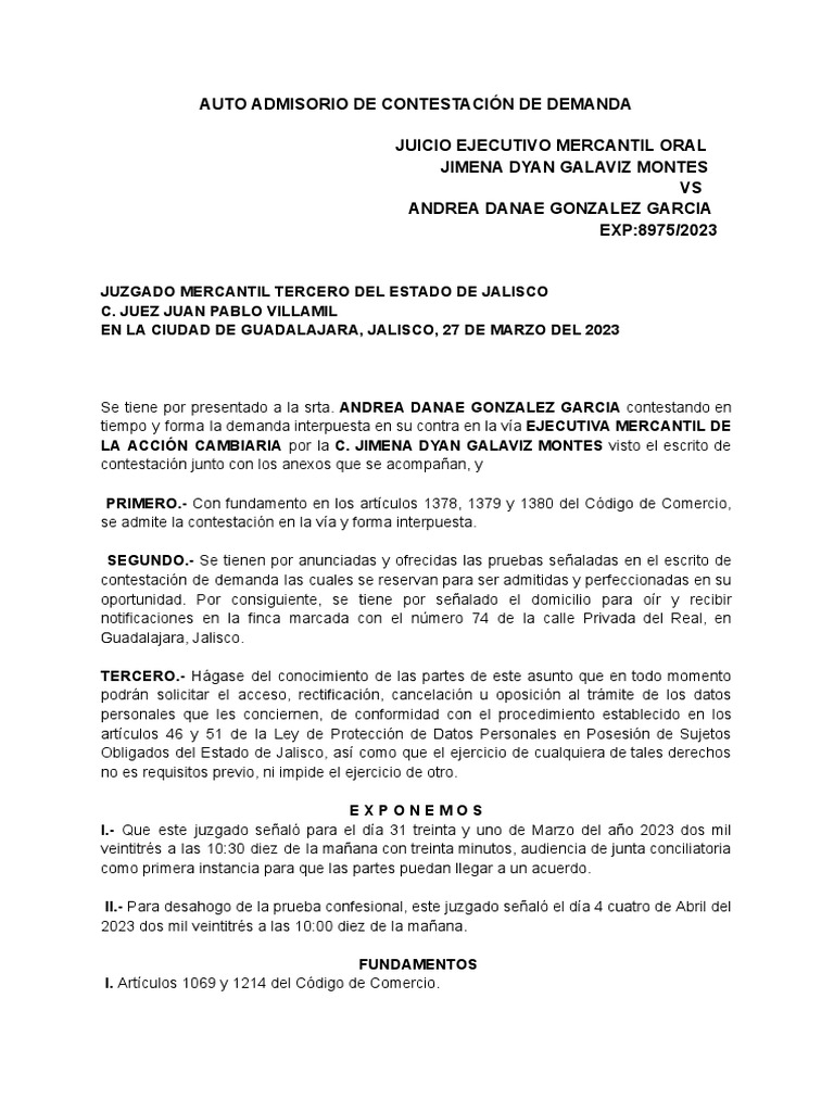 Auto Admisorio de Contestación de Demanda | PDF | Justicia | Crimen y ...