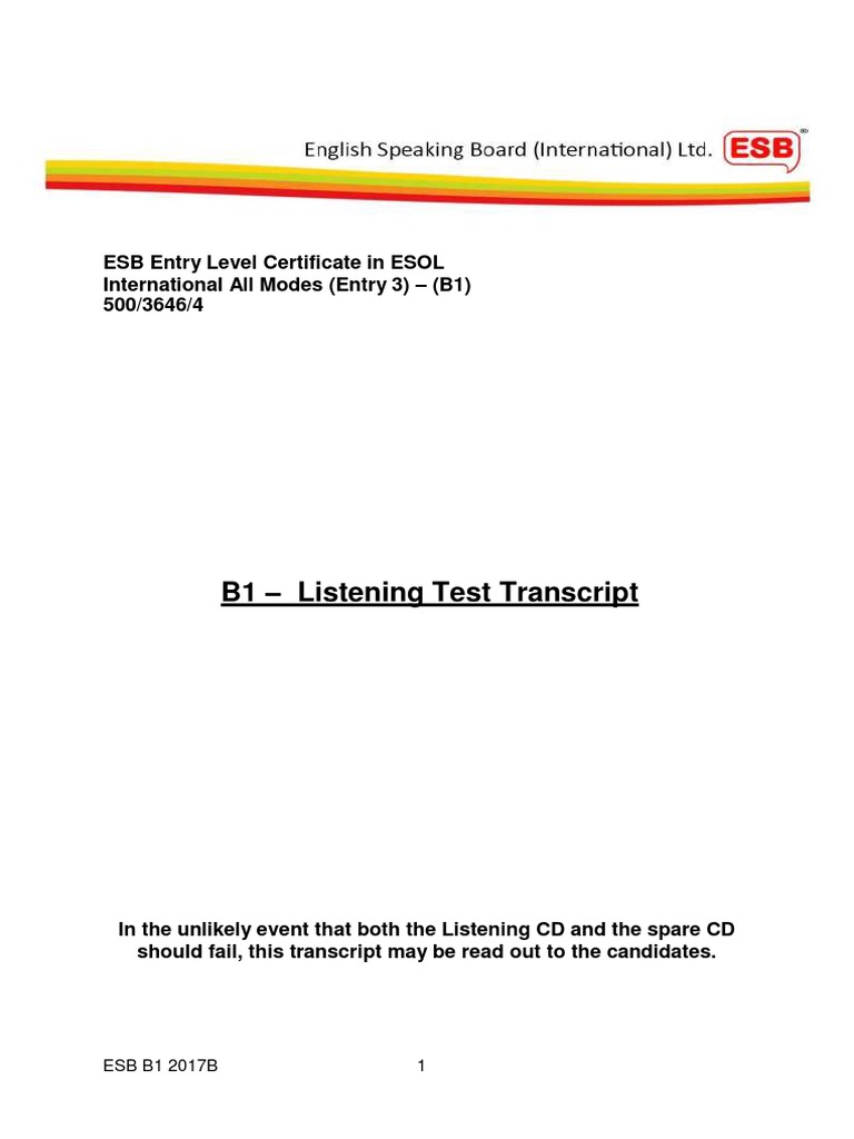 ESB B1 Listening Transcript 2017B | PDF | Language Arts & Discipline