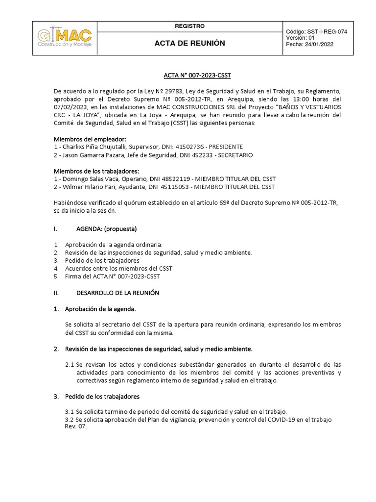 SST-I-REG-074 Acta de Reunión 007 | PDF | Gobierno | Justicia