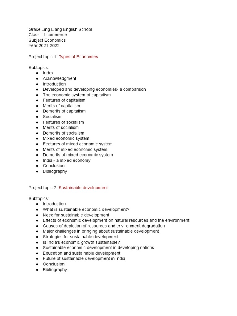 Class 11 Commerce Economics Project Topics 2021 | PDF