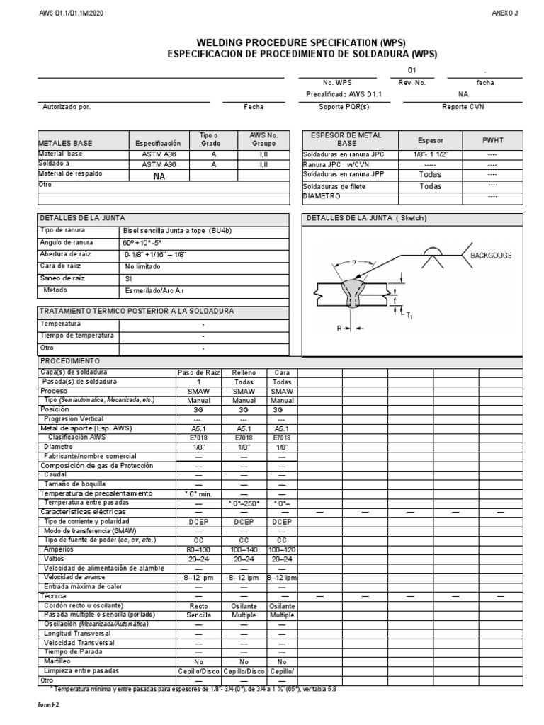 WPS para soldadura SMAW de acero A36 en ranura JPC de 1/8”- 1 1/2 | PDF | Soldadura | Construcción
