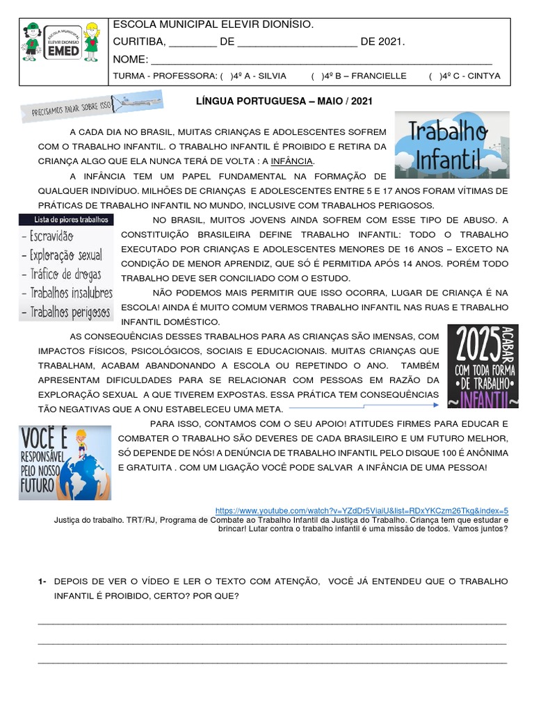 Texto Trabalho Infantil 4° Ano | PDF | Trabalho infantil | Adolescência