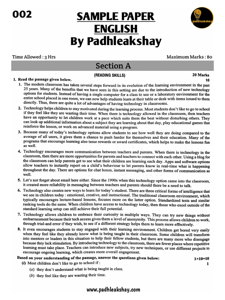English Sample Paper 002. | PDF