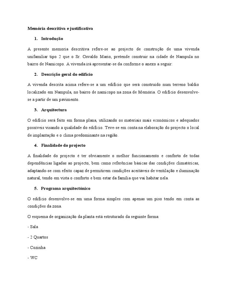 Memoria descritiva e justificativa projecto I | PDF