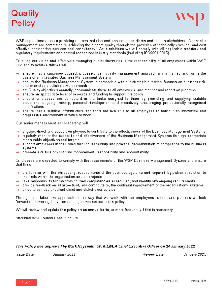 WSP UK Quality Policy | PDF | Business | Employment