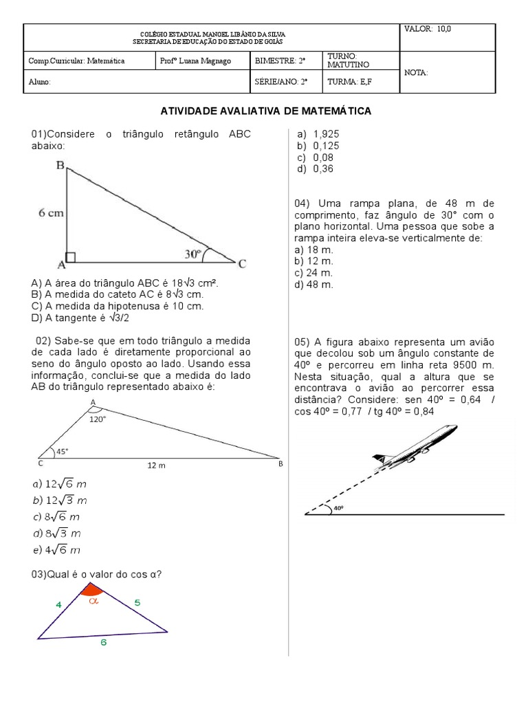Atividade Avaliativa de Matemática 2bimestre | PDF | Triângulo | Geometria do Plano Euclidiano