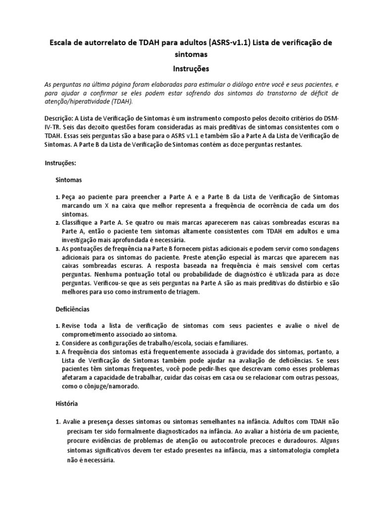 Escala de Autorrelato de Tdah para Adultos (Asrs-V1.1) | PDF