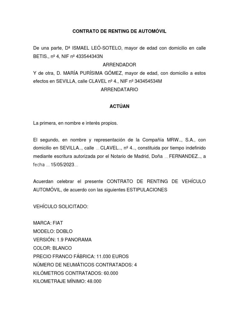 Contrato de Renting de Automóvil | PDF
