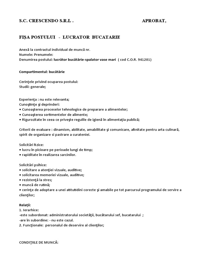 Fisa Post-Lucrator Bucatarie | PDF