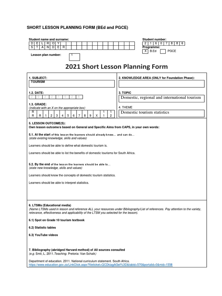 2021 TUKS Short Lesson Planning Form BEd and PGCE | PDF | Learning ...