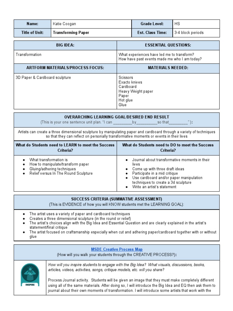 Transformation Paper Cardboard 3d Unit Map Lesson Plan Template | PDF | Creativity | Learning