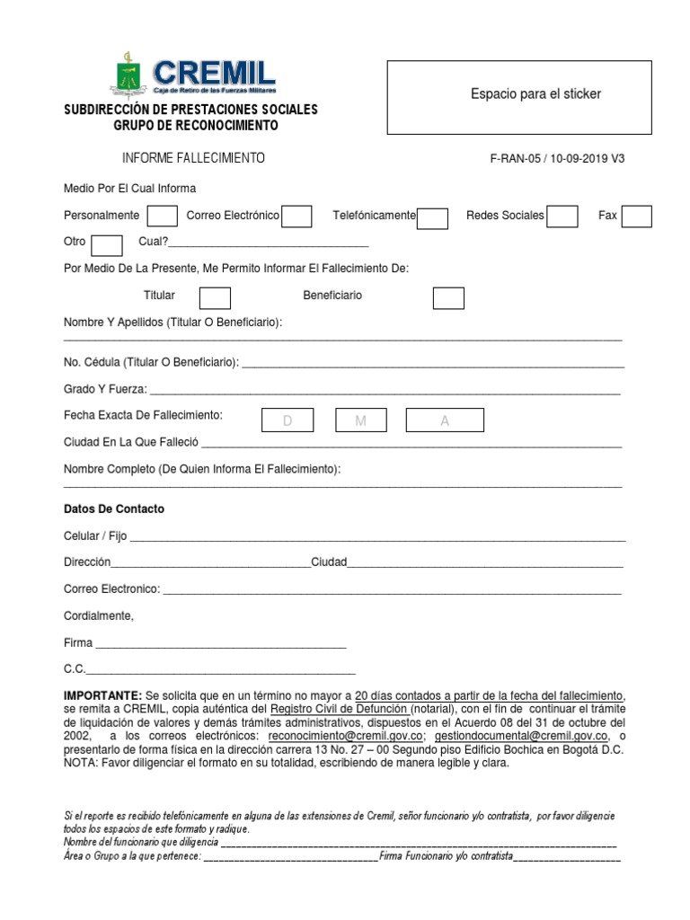 F-RAN-05 Formato Informe Fallecimiento V3 | PDF