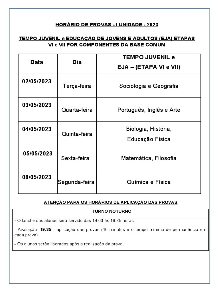 Cronograma Tempo Juvenil e EJA | PDF