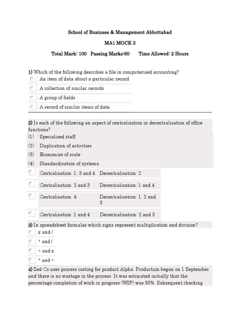 MA1 (Mock 3) | PDF | Inventory | Spreadsheet