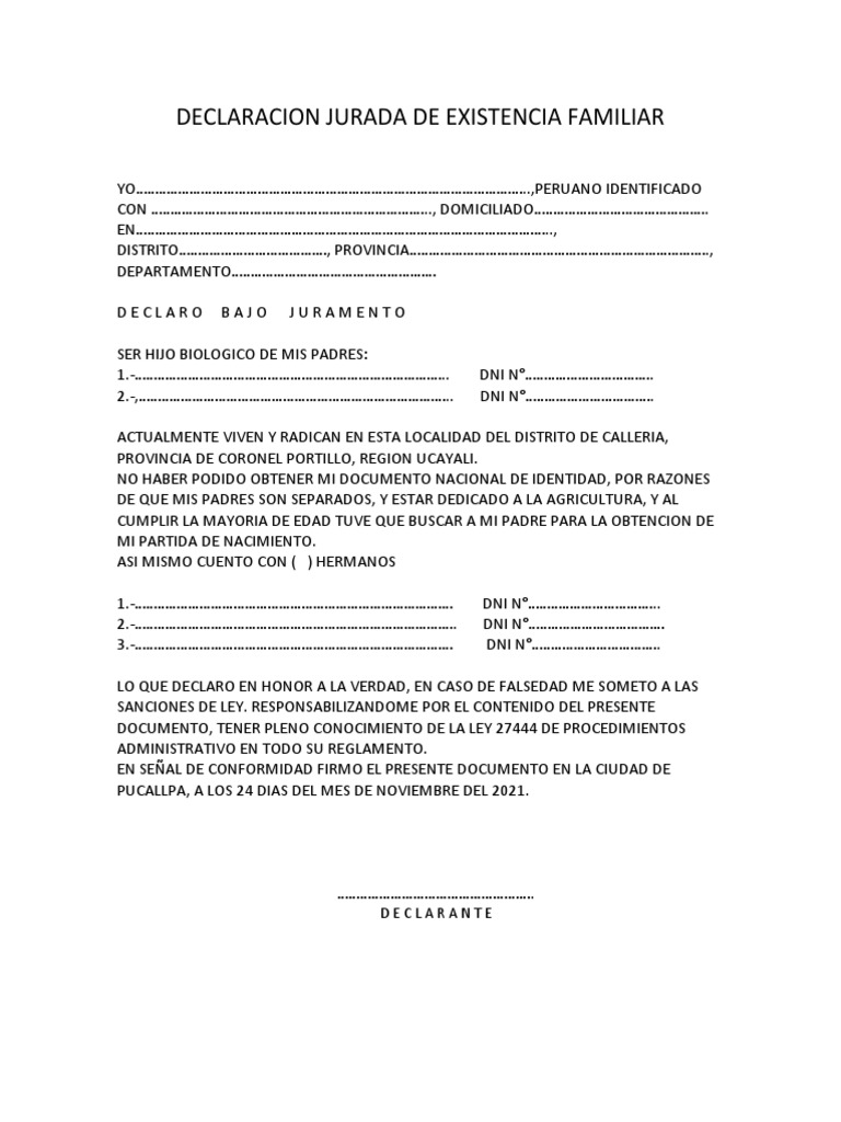 Declaracion Jurada de Existencia Familiar | PDF