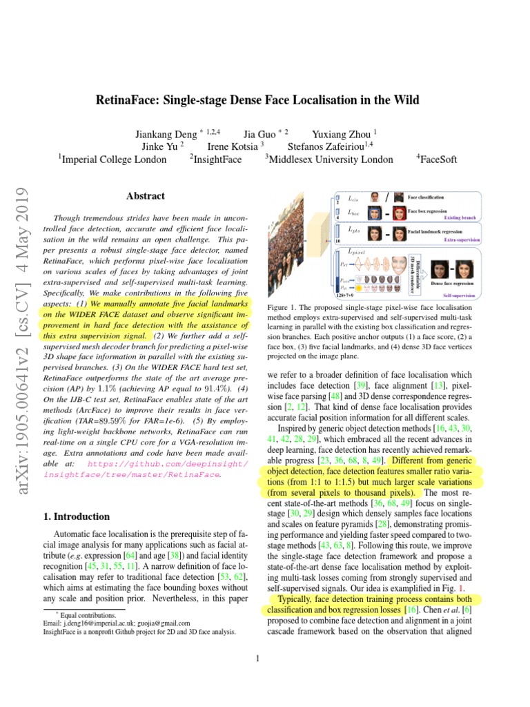 Retinaface: Single-Stage Dense Face Localisation in The Wild | PDF ...