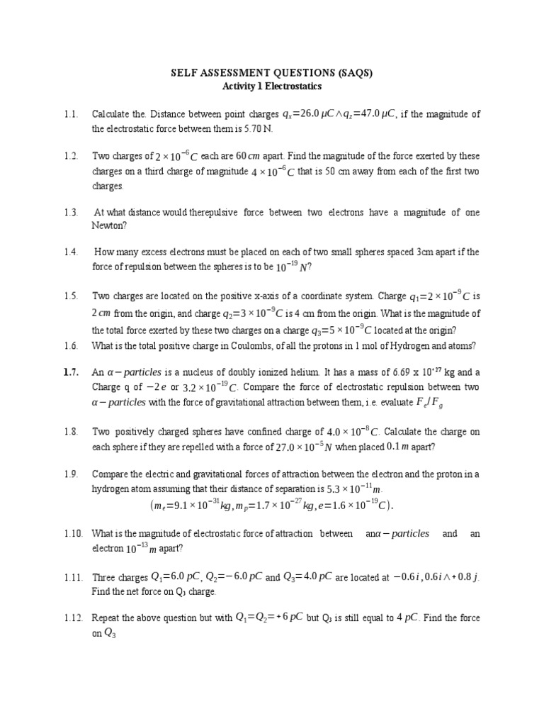 Self Assessment Questions One | PDF | Electric Charge | Force