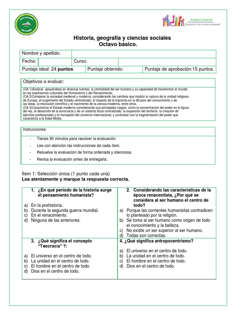 Evaluación N1 Historia - Octavo Básico | PDF | Renacimiento | Edades medias