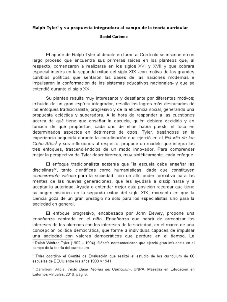 Ralph Tyler y Su Propuesta Integradora Al Campo de La Teoría Curricular ...