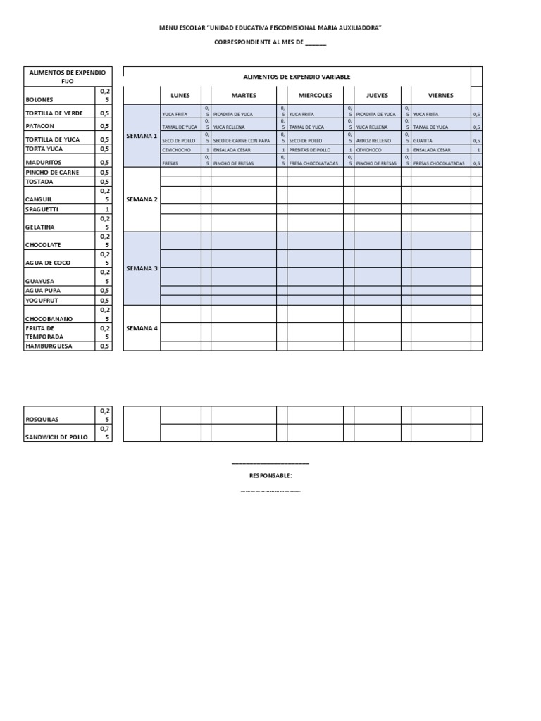 Menu Escolar Formato | PDF | Industria de alimentos | Comida y bebida