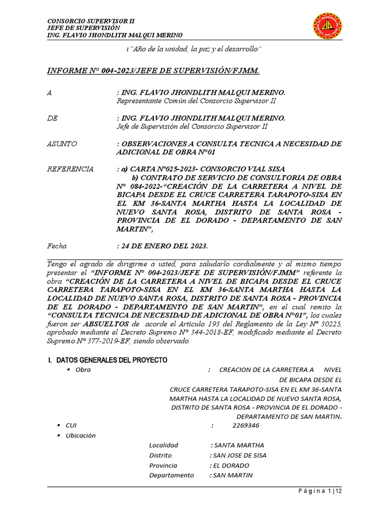 Informe 15 Observacion A Adicional de Obra N°01 | PDF