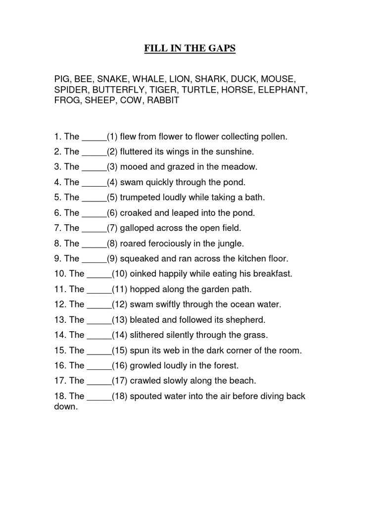 Fill in The Gaps Animals A2 | PDF