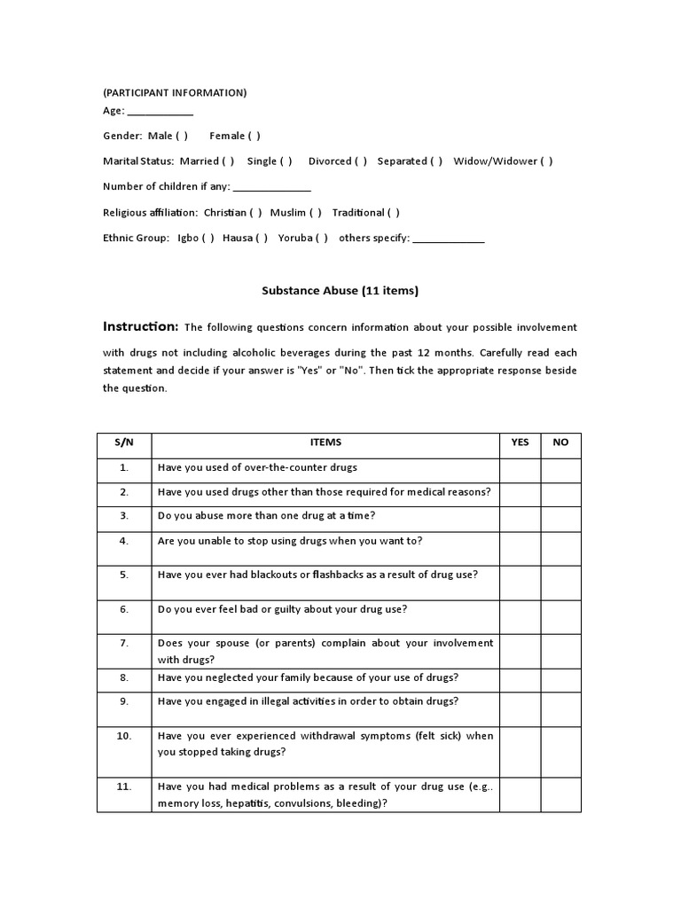 Questionnaire On Substance Abuse | PDF | Self-Improvement