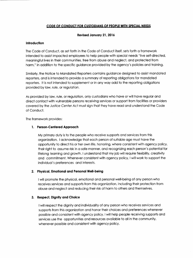 NYS Justice Center Code of Conduct - For SEL - SCR Applicants | PDF