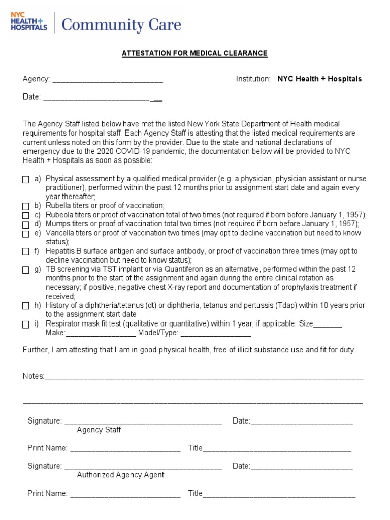 Medical Clearance Attestation Form | PDF | Vaccination | Epidemiology