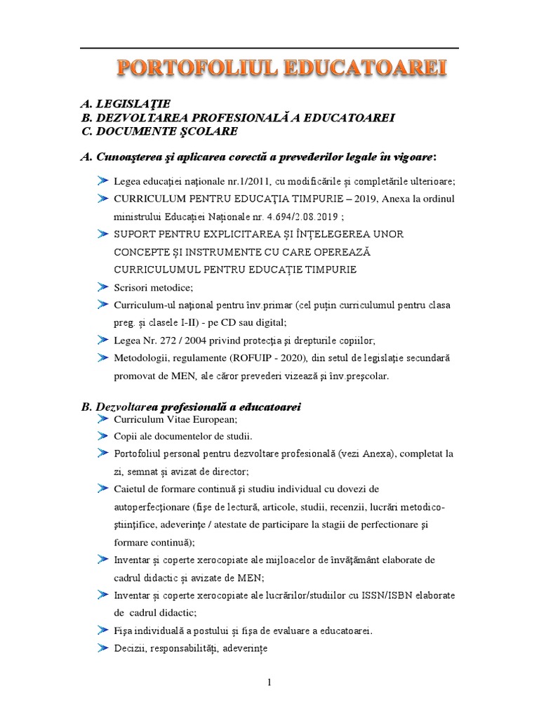Portofoliul Educatoarei | PDF
