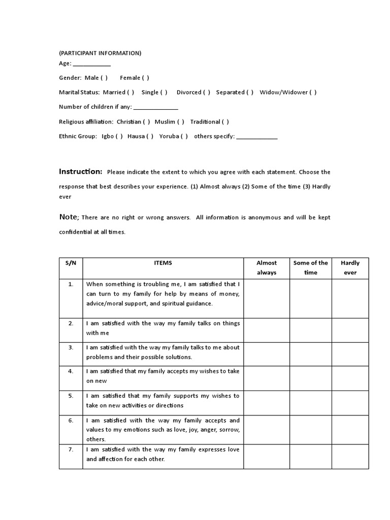 Family Satisfaction Survey Questionnaire | PDF