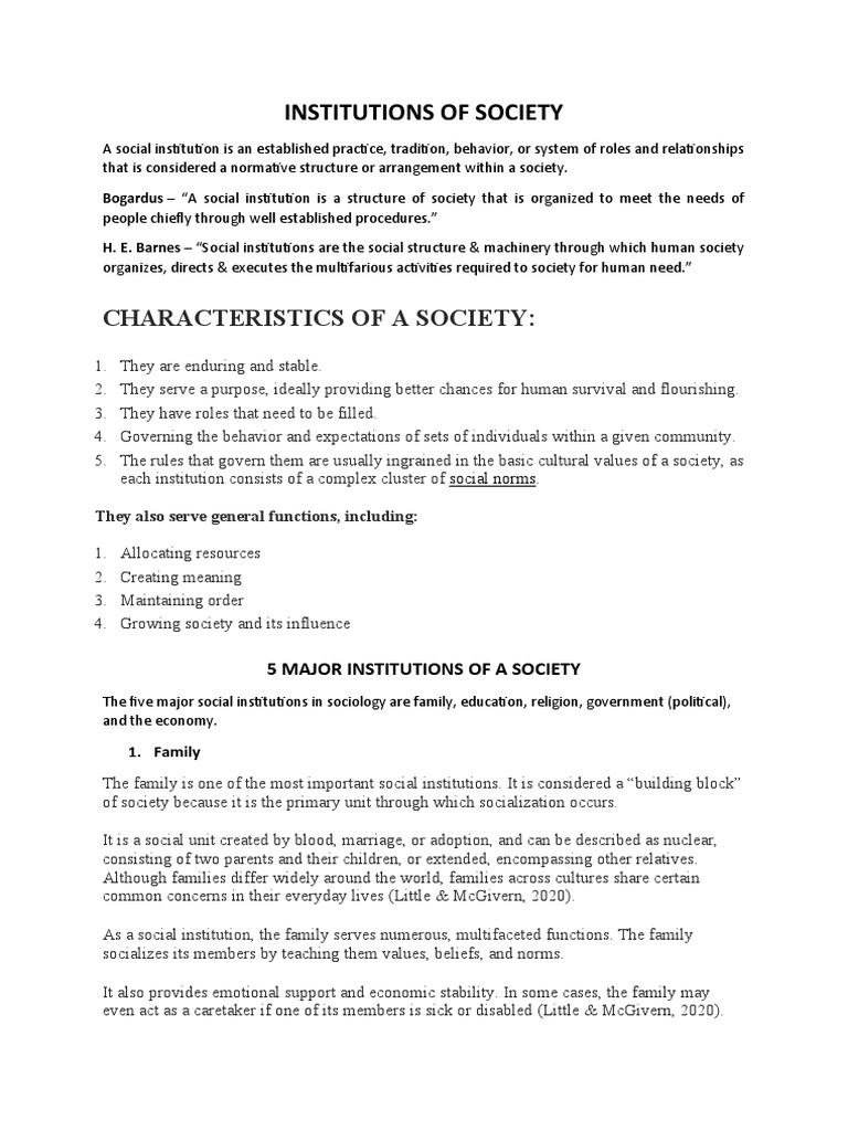 Major Social Institutions Explained | PDF | Social Science | Self ...