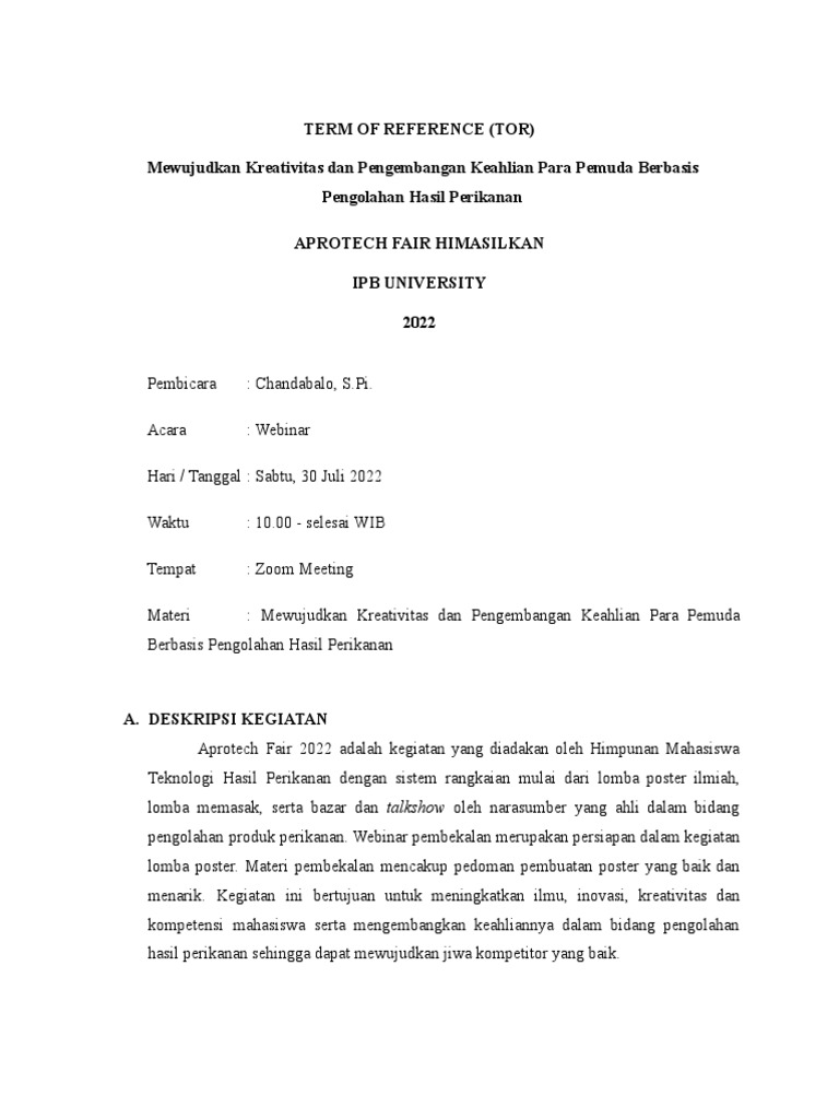 Term of Reference (TOR) Webinar Pembekalan | PDF
