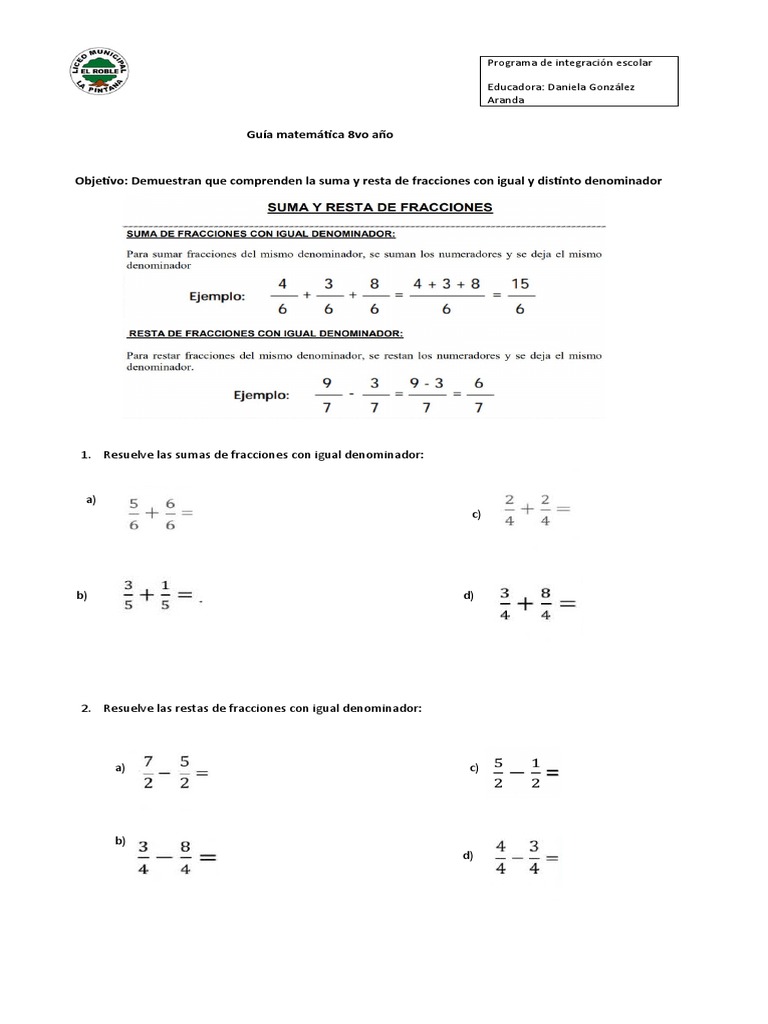 Guía sobre sumas y restas de fracciones para estudiantes de 8vo grado | PDF