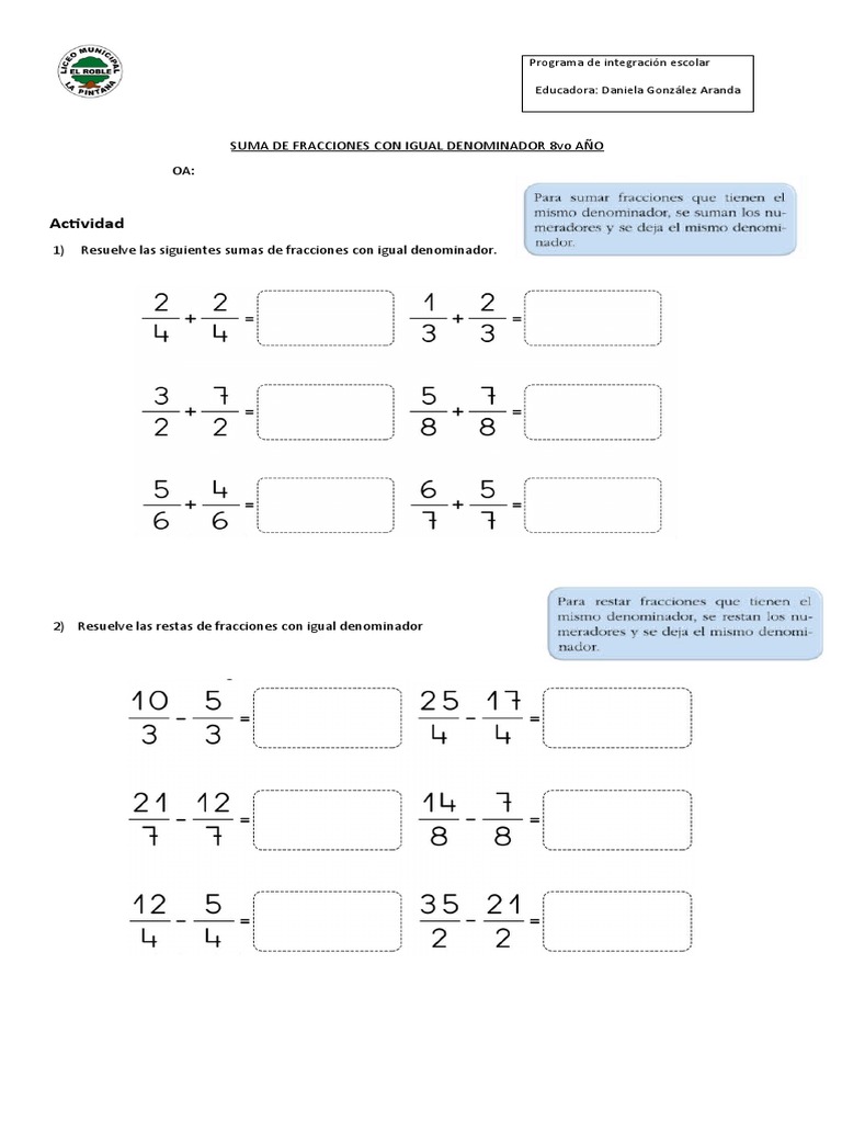 Guia Fracciones Igual Denominador | PDF