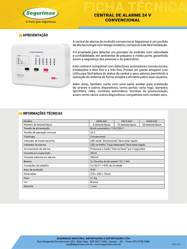 Ficha técnica de central de alarme convencional de 24V da Segurimax | PDF | Diodo emissor de luz