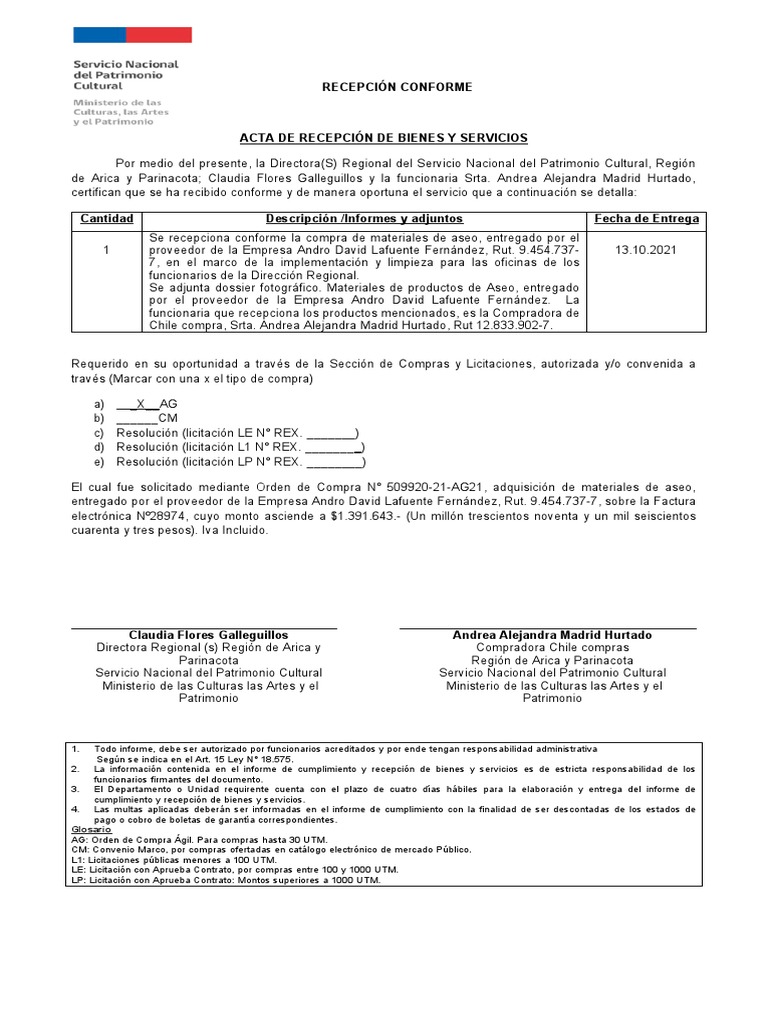 Recepción Conforme Compra Año 2021 509920-21-AG21 Empresa Andro David ...