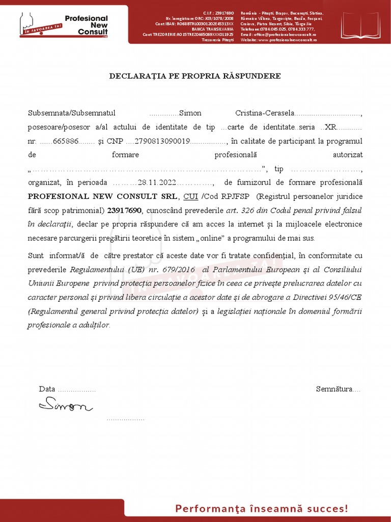 Declaratie Pe Propria Raspundere - 2023 | PDF