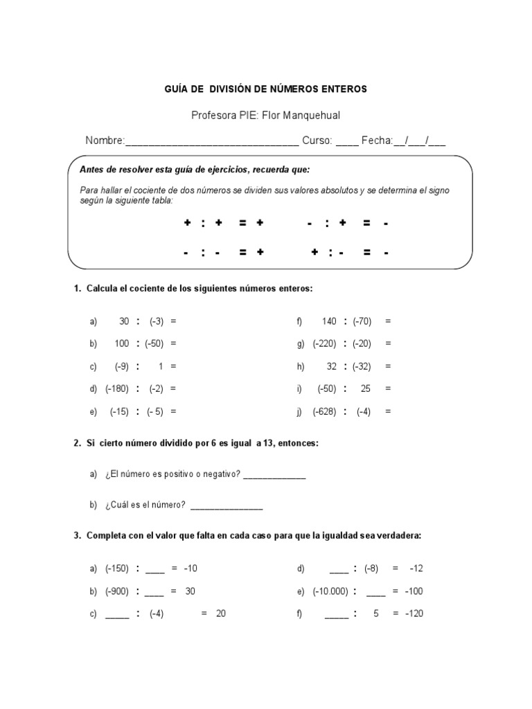 Guía de División de Números Enteros | PDF | División (Matemáticas) | Entero